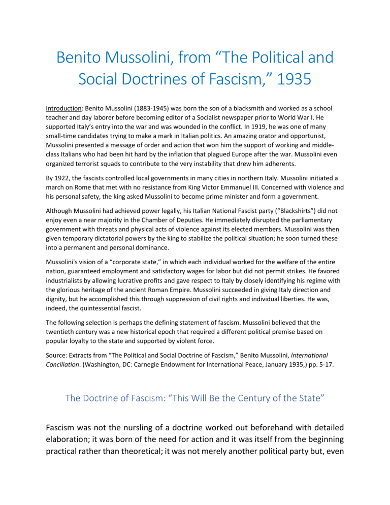 Benito Mussolini's Fascism Doctrine (1935)