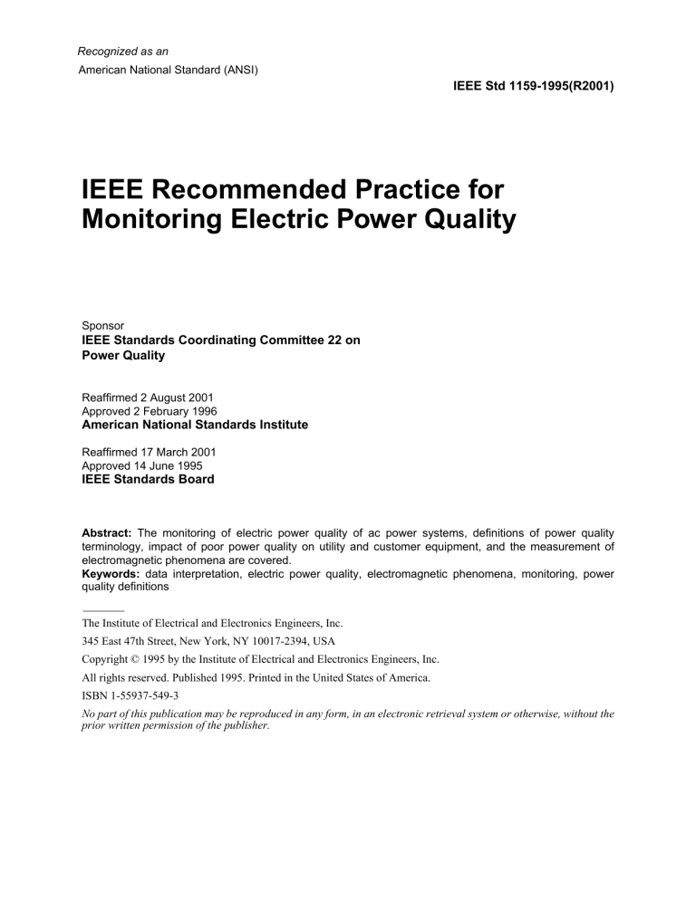 IEEE Std 1159-1995: Monitoring Electric Power Quality