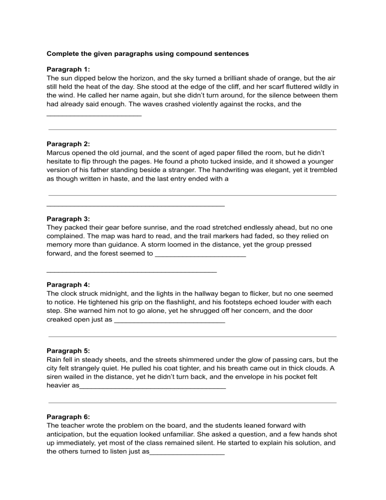 Compound Sentences Worksheet: Paragraph Completion Exercise