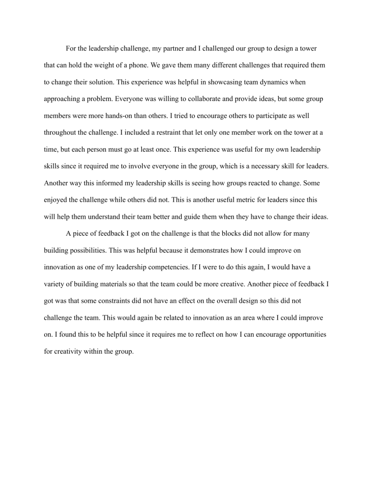 Leadership Challenge Reflection: Tower Design & Team Dynamics