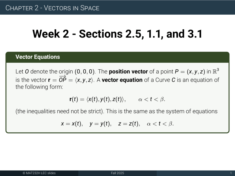 Vector Equations in Space - Lecture Slides