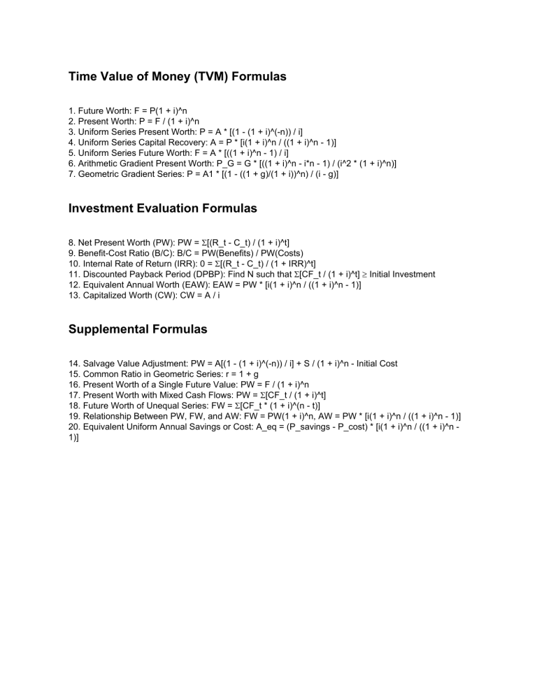 Time Value of Money & Investment Formulas