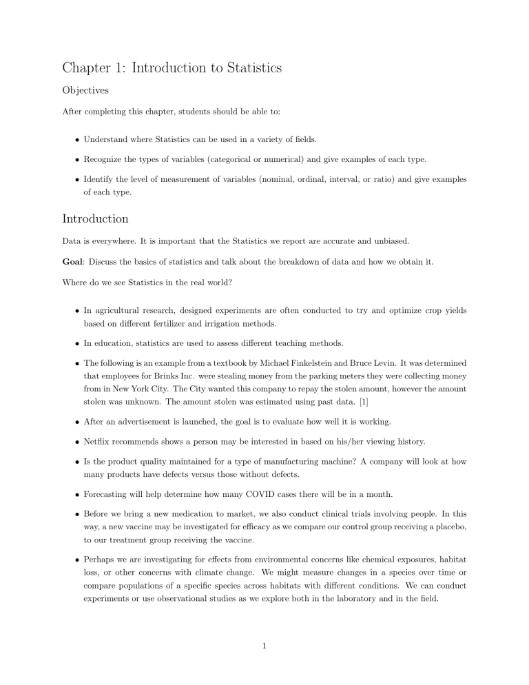 Introduction to Statistics Chapter 1