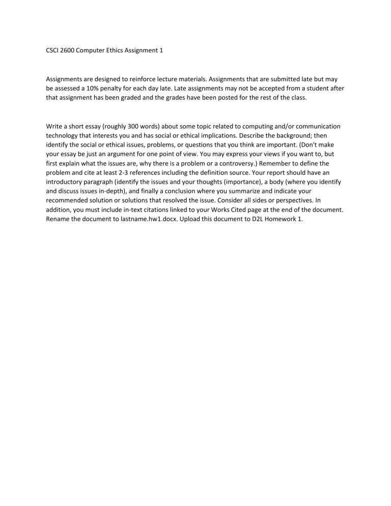 CSCI 2600 Computer Ethics Assignment 1 Prompt