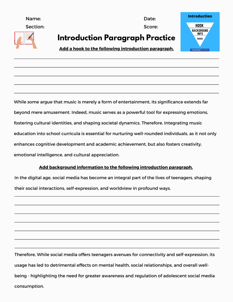 Introduction Paragraph Practice Worksheet
