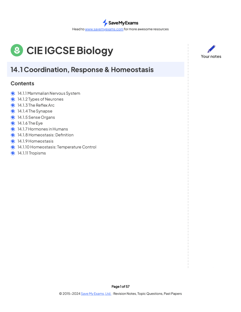 CIE IGCSE Biology Revision Notes: Coordination, Response & Homeostasis