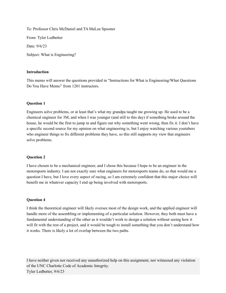 What is Engineering? Student Memo on Mechanical Engineering