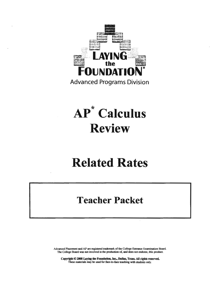 AP Calculus Related Rates Review Teacher Packet