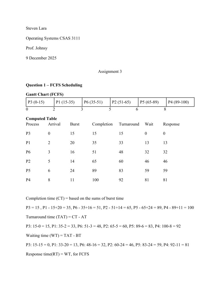 Operating Systems Assignment: FCFS Scheduling Analysis