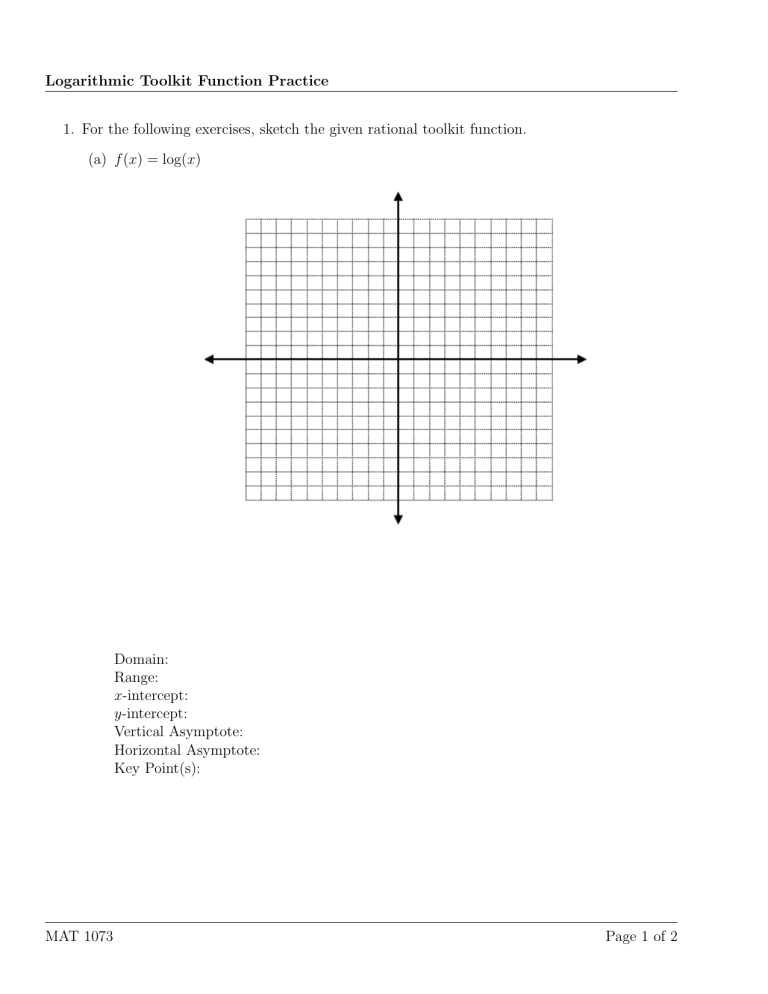 Logarithmic Toolkit Function Practice Worksheet MAT 1073