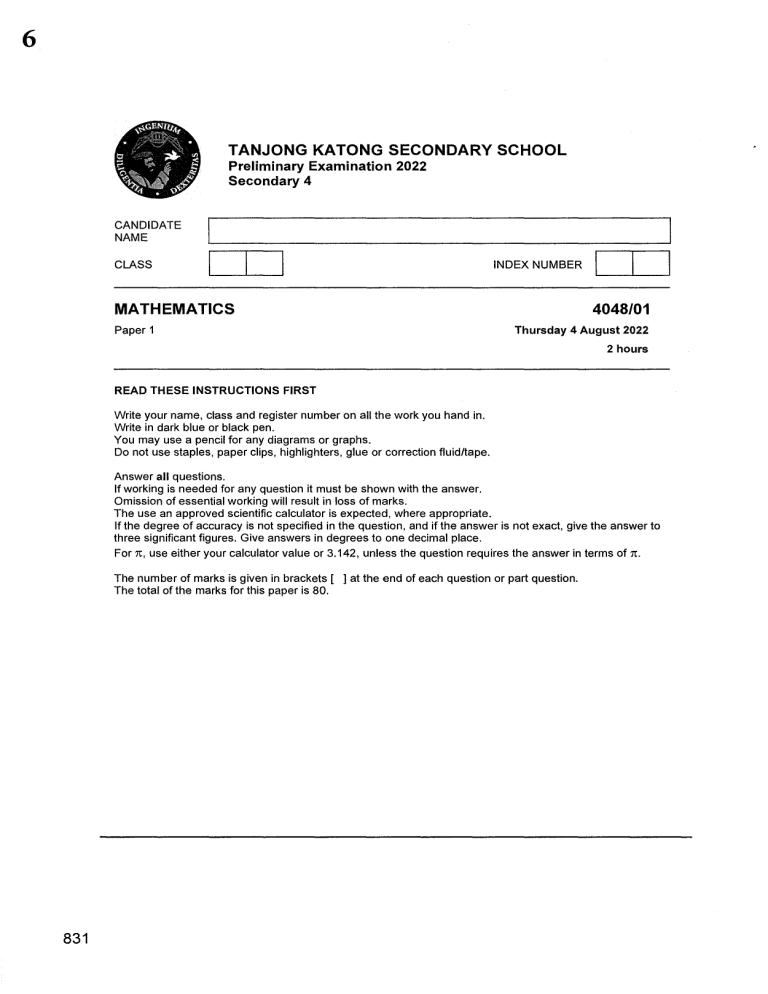TKSS 2022 Sec 4 Math Prelim Paper