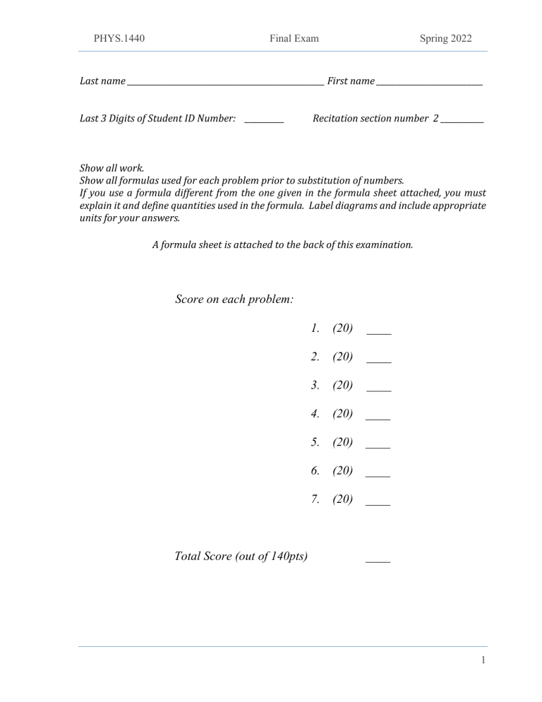 PHYS.1440 Final Exam Spring 2022