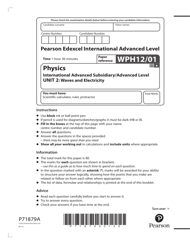 Pearson Edexcel A-Level Physics Unit 2 Exam Paper