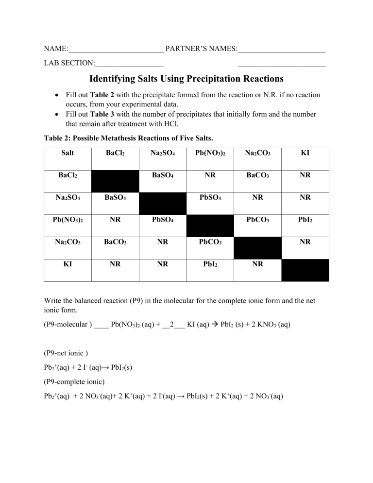 Identifying Salts Using Precipitation Reactions Lab