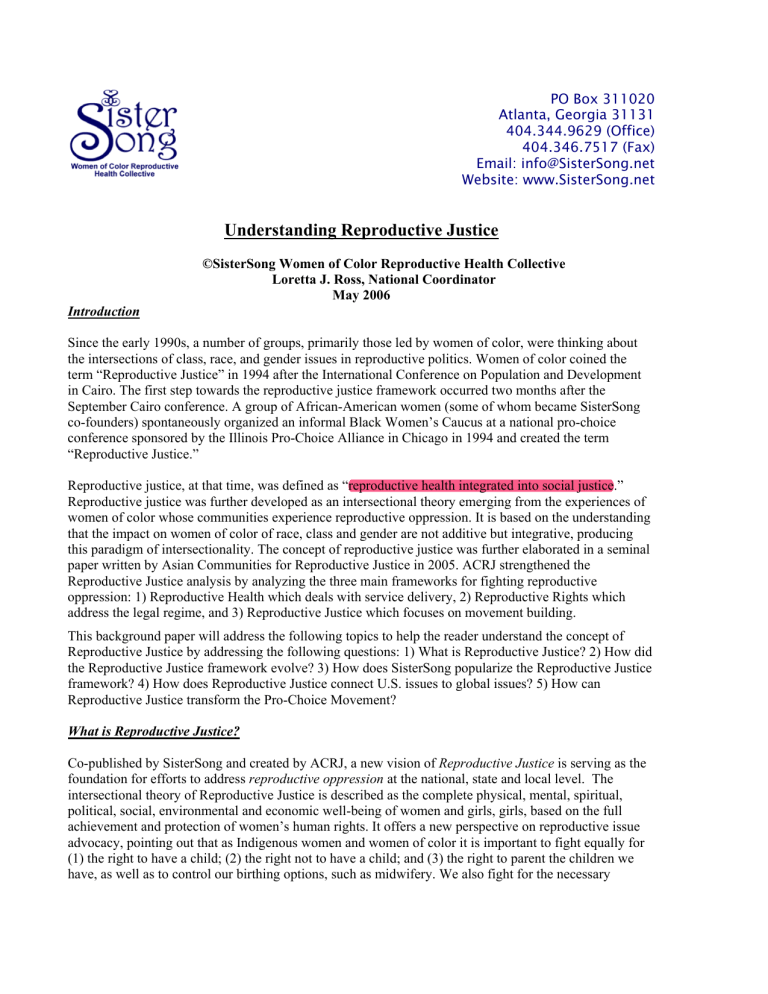 Understanding Reproductive Justice: A Framework for Women of Color