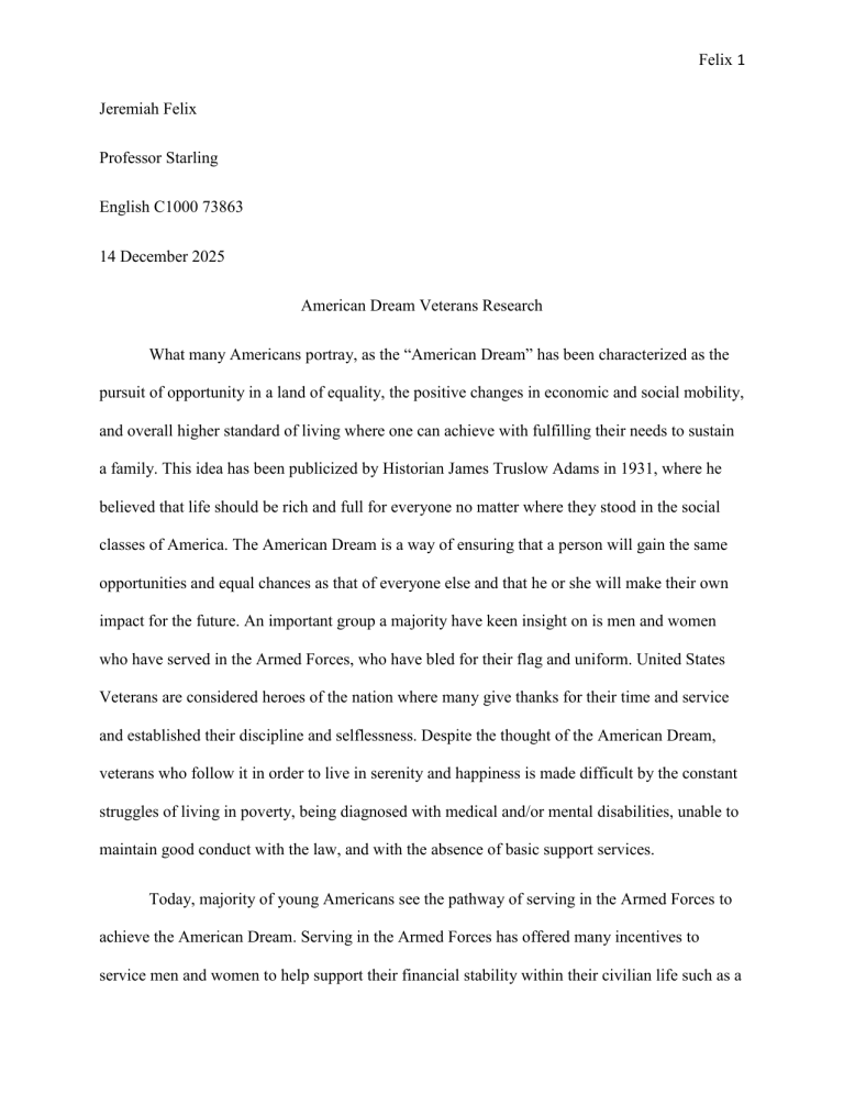 American Dream for Veterans Research Paper