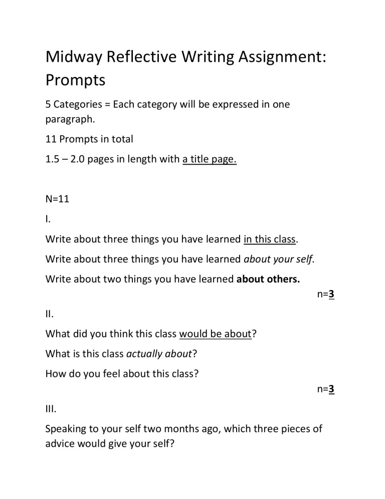 Midway Reflective Writing Assignment Prompts