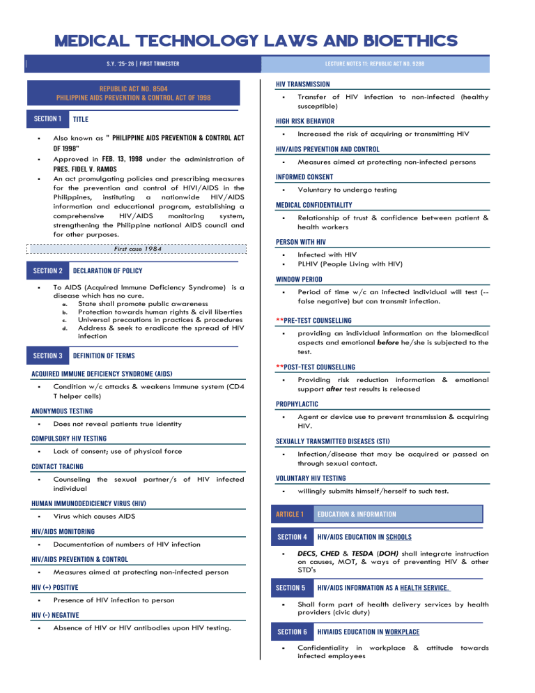 Medical Technology Laws & Bioethics: RA 8504 Lecture Notes