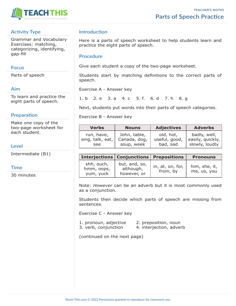 Parts of Speech Practice Worksheet