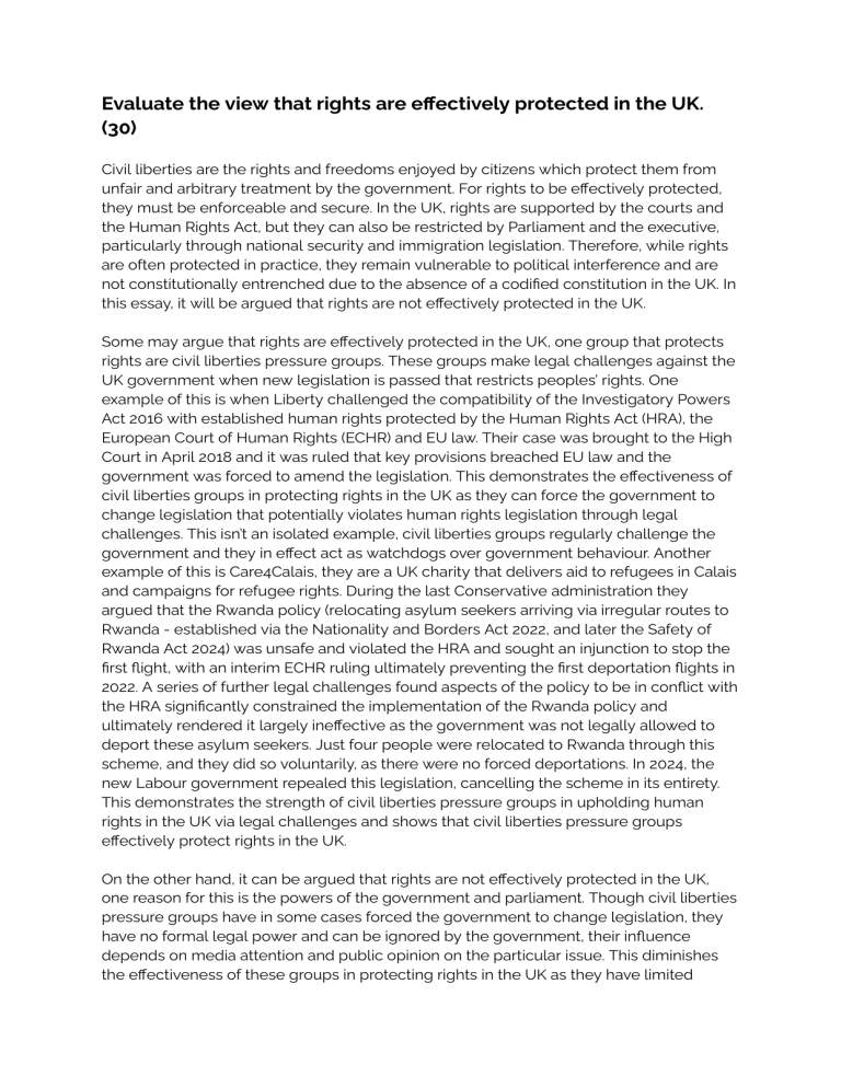 UK Civil Liberties and Rights Protection Essay