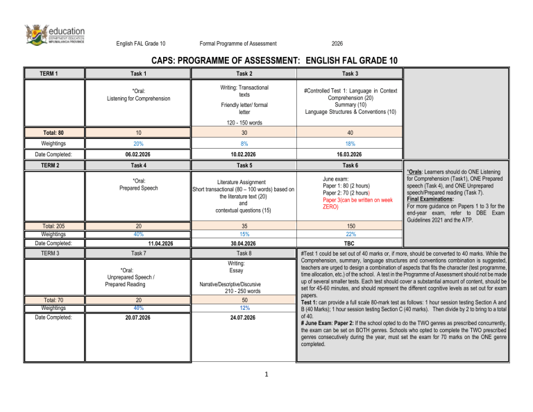 English FAL Grade 10 2026 Assessment Programme