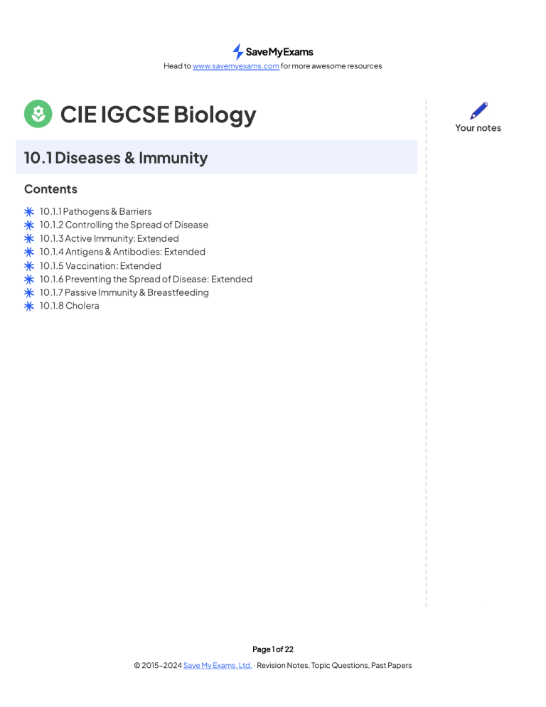 IGCSE Biology Notes: Diseases & Immunity