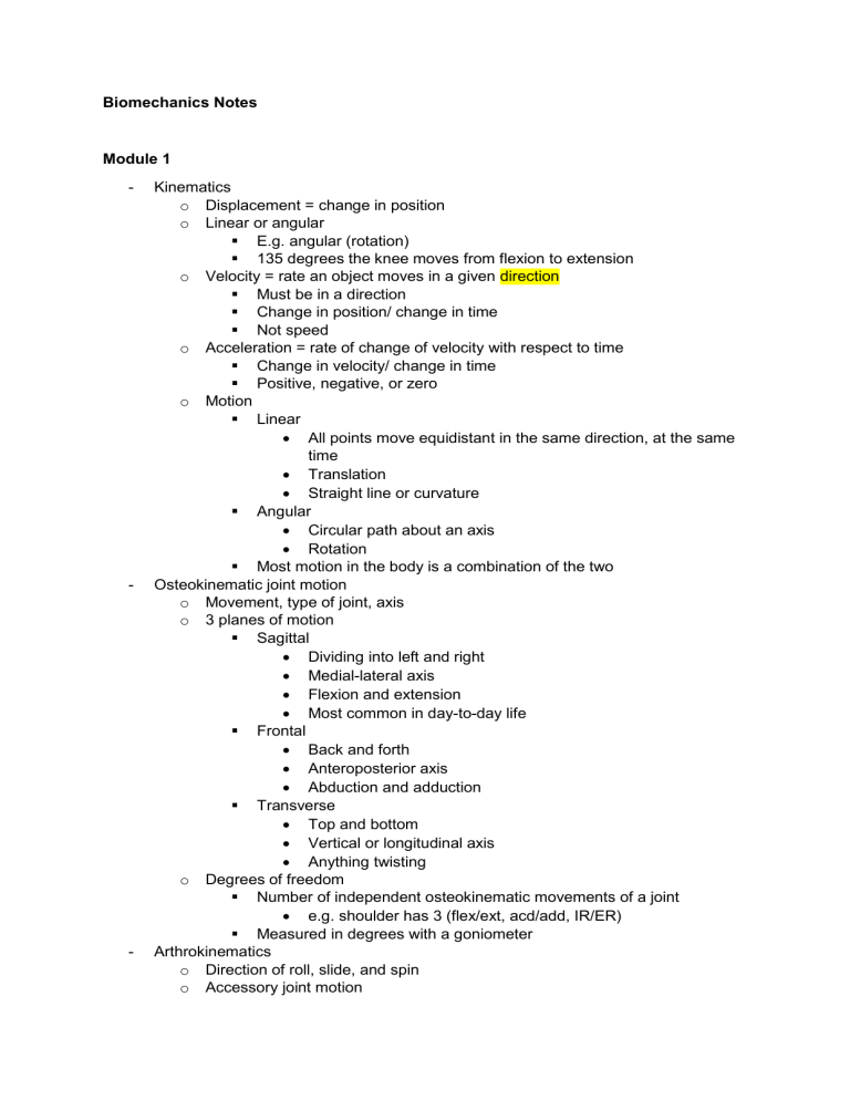 Biomechanics Lecture Notes: Kinesiology Fundamentals