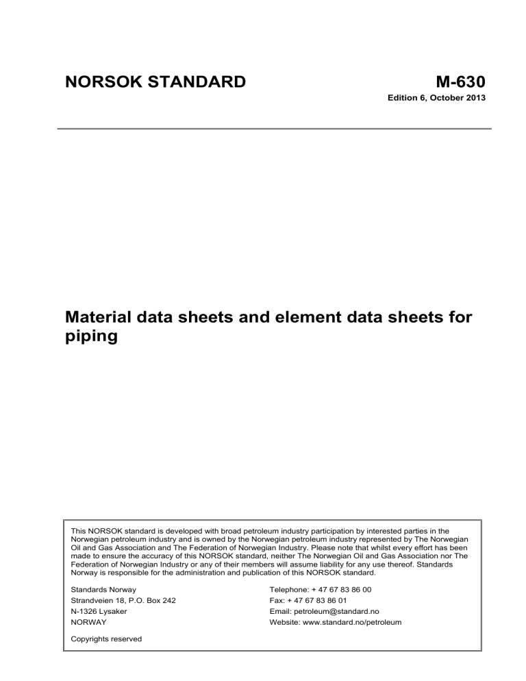 NORSOK M-630 Material Data Sheets for Piping