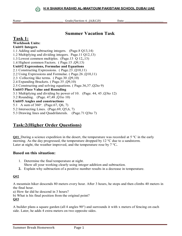 6th Grade Summer Math Vacation Task