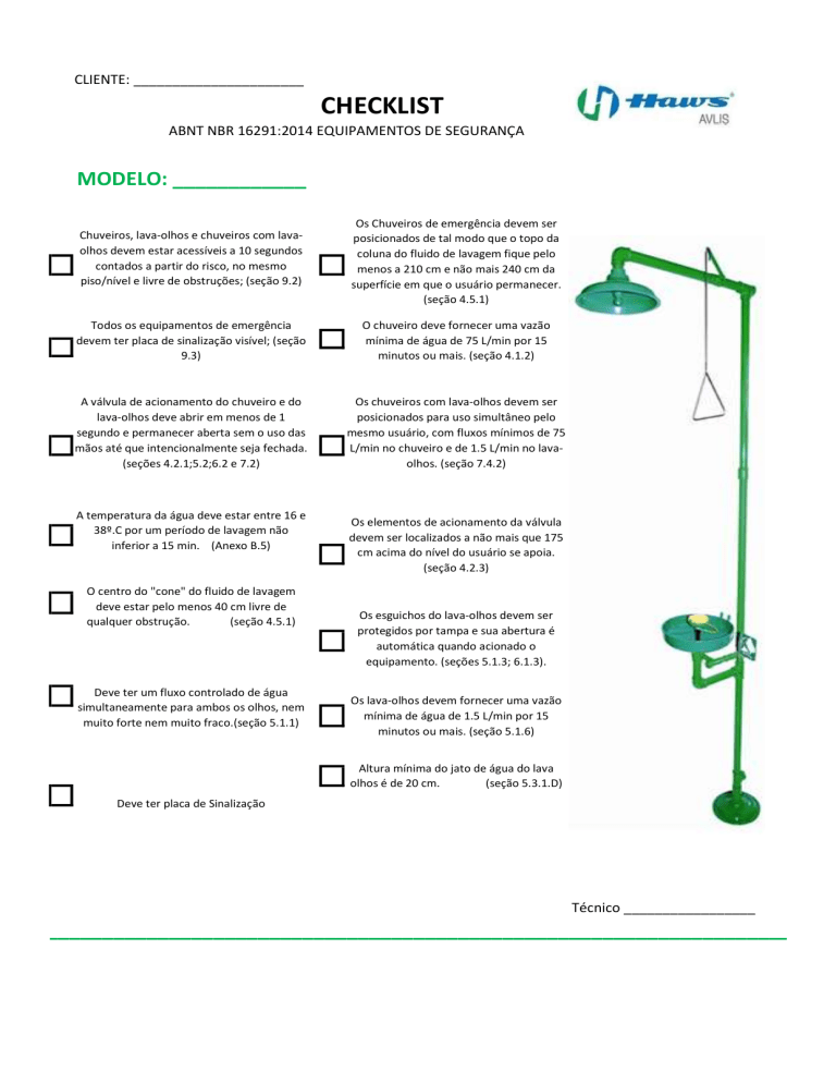 Checklist ABNT NBR 16291:2014 Equipamentos de Segurança