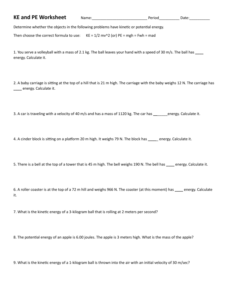 Kinetic and Potential Energy Physics Worksheet