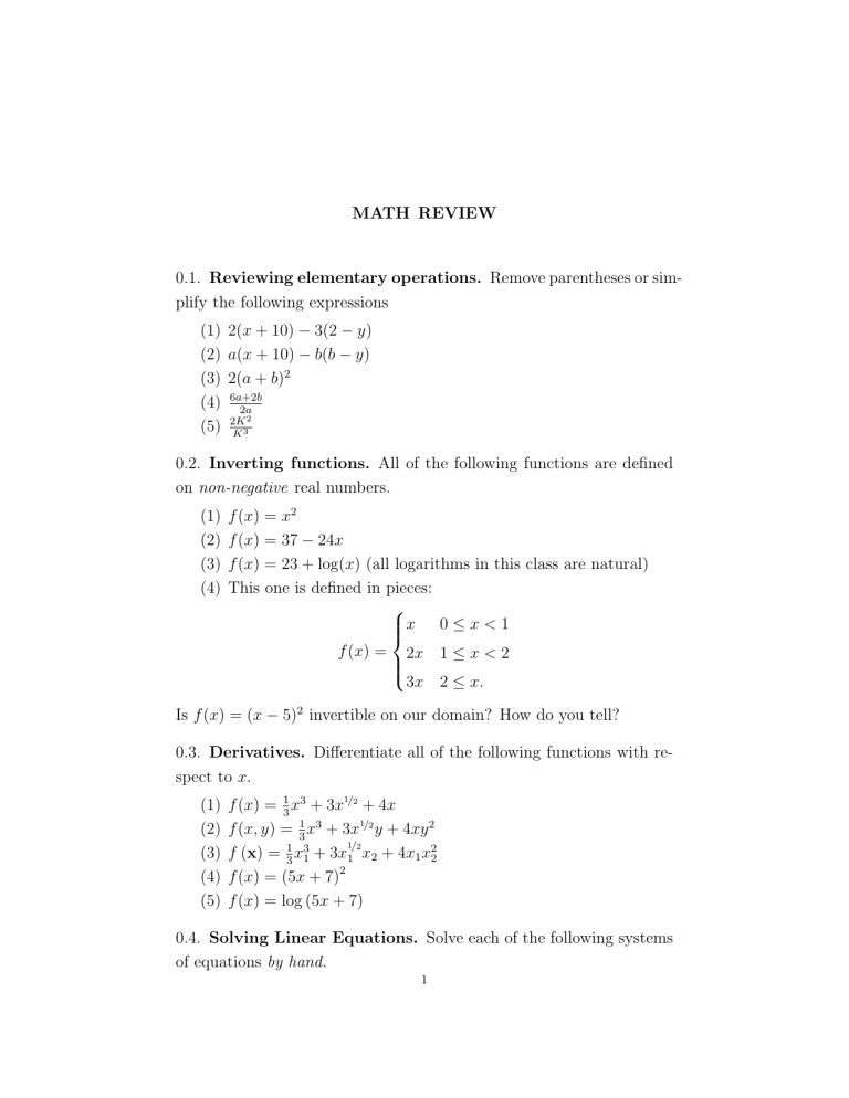 Math Review: Algebra and Calculus Worksheet
