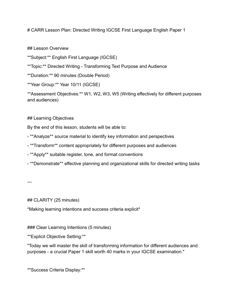 IGCSE English Directed Writing Lesson Plan