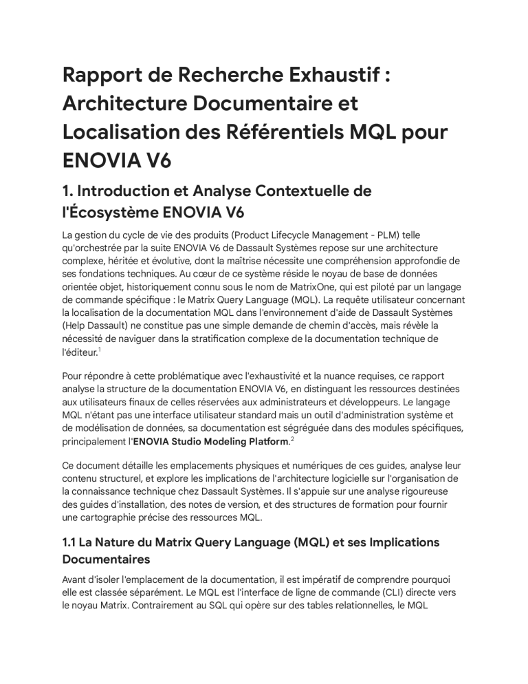 Rapport Recherche ENOVIA V6 Documentation MQL