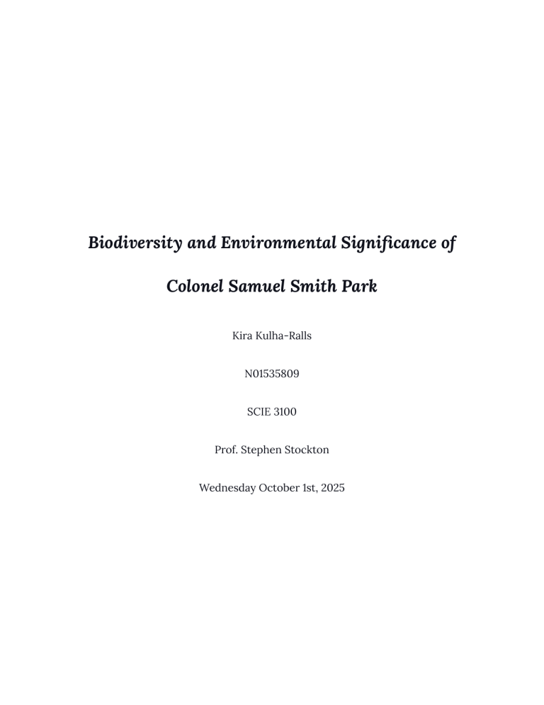 Biodiversity of Colonel Samuel Smith Park: Field Report
