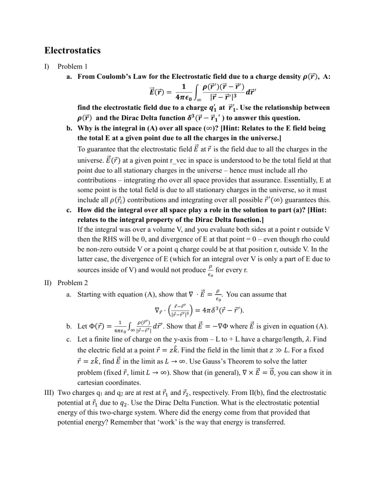 Electrostatics Problems: Coulomb's Law, Dirac Delta, Gauss's Theorem