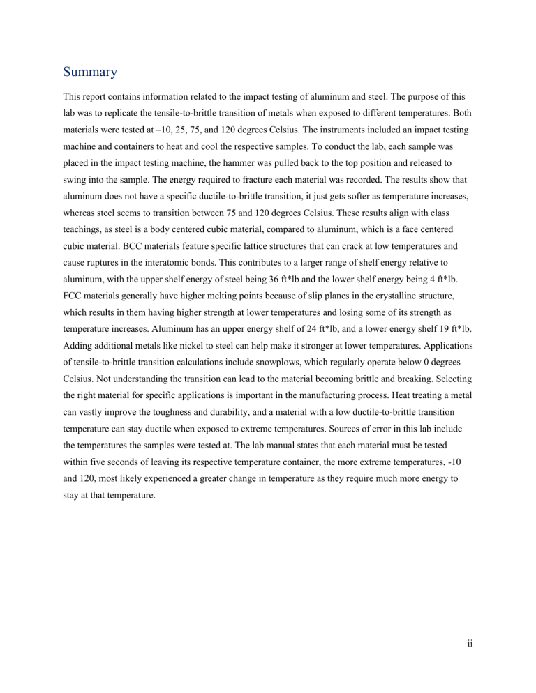 Impact Testing of Aluminum and Steel: Ductile-to-Brittle Transition