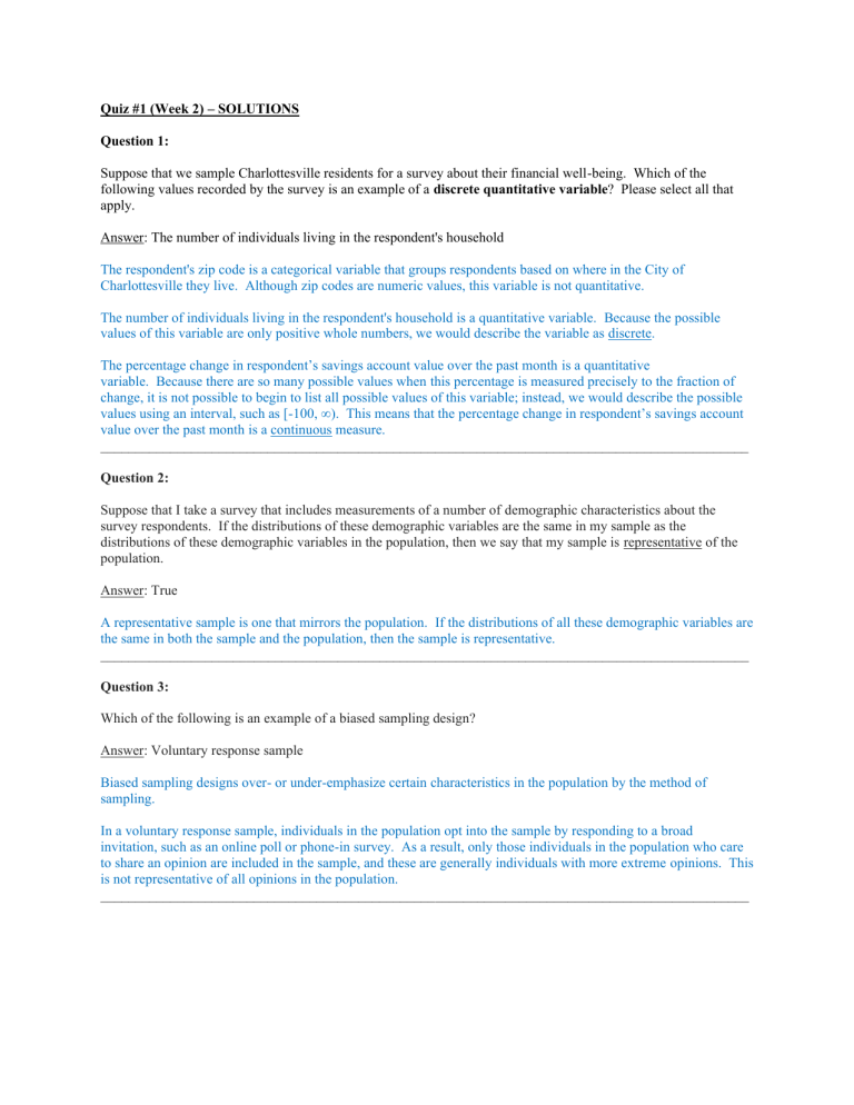 Quiz #1 Solutions: Statistics Variables and Sampling Methods