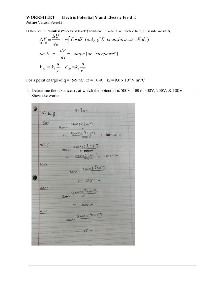 Physics Worksheet: Electric Potential and Field