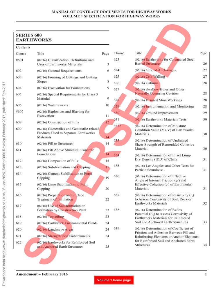 Series 600 Earthworks Specification for Highway Works