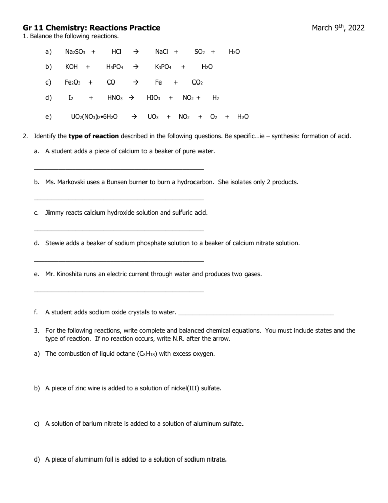 Grade 11 Chemistry Reactions Practice Worksheet