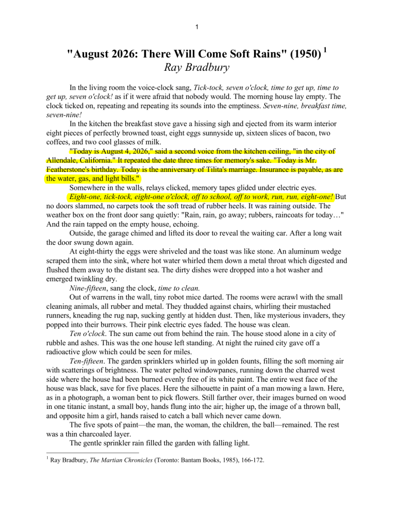 August 2026: There Will Come Soft Rains by Ray Bradbury
