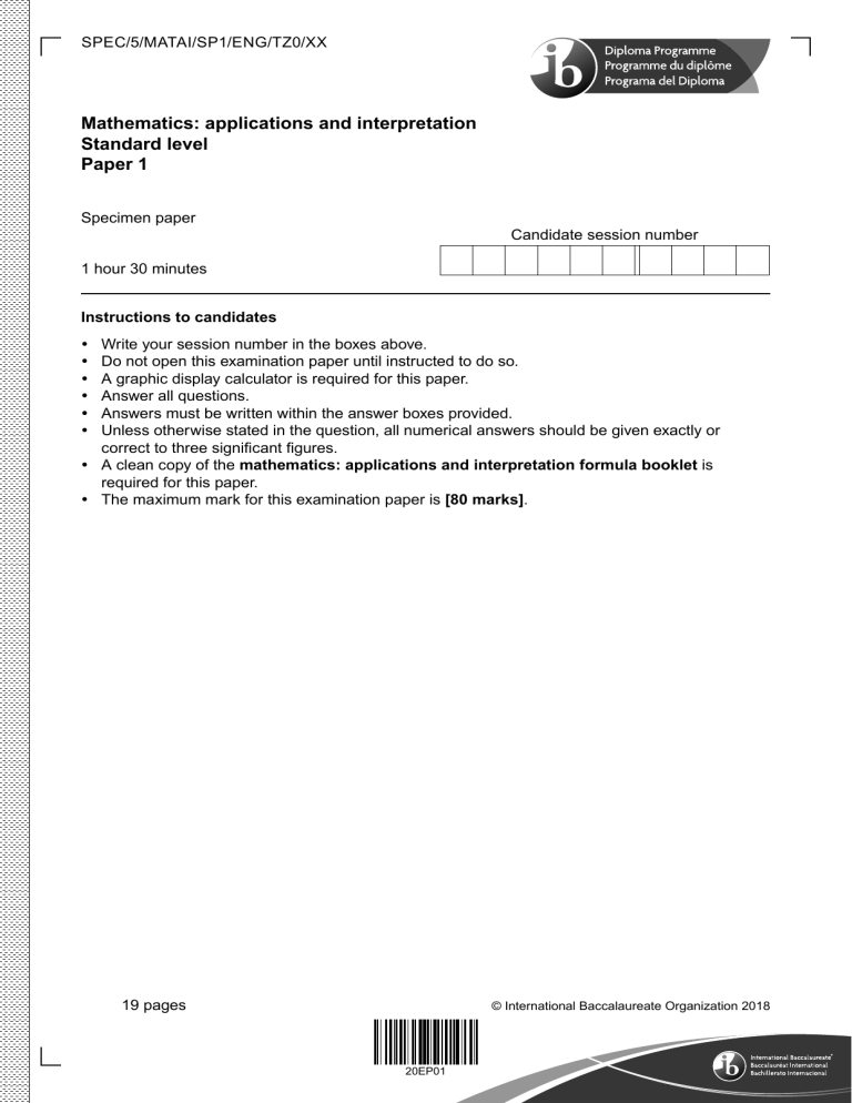 IB Mathematics Applications and Interpretation SL Paper 1 Specimen
