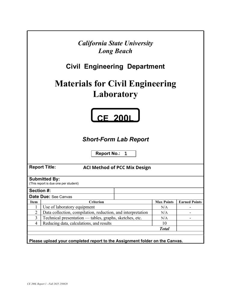 ACI Method of PCC Mix Design Lab Report