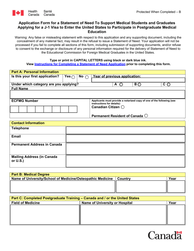 Health Canada J-1 Visa Statement of Need Application Form