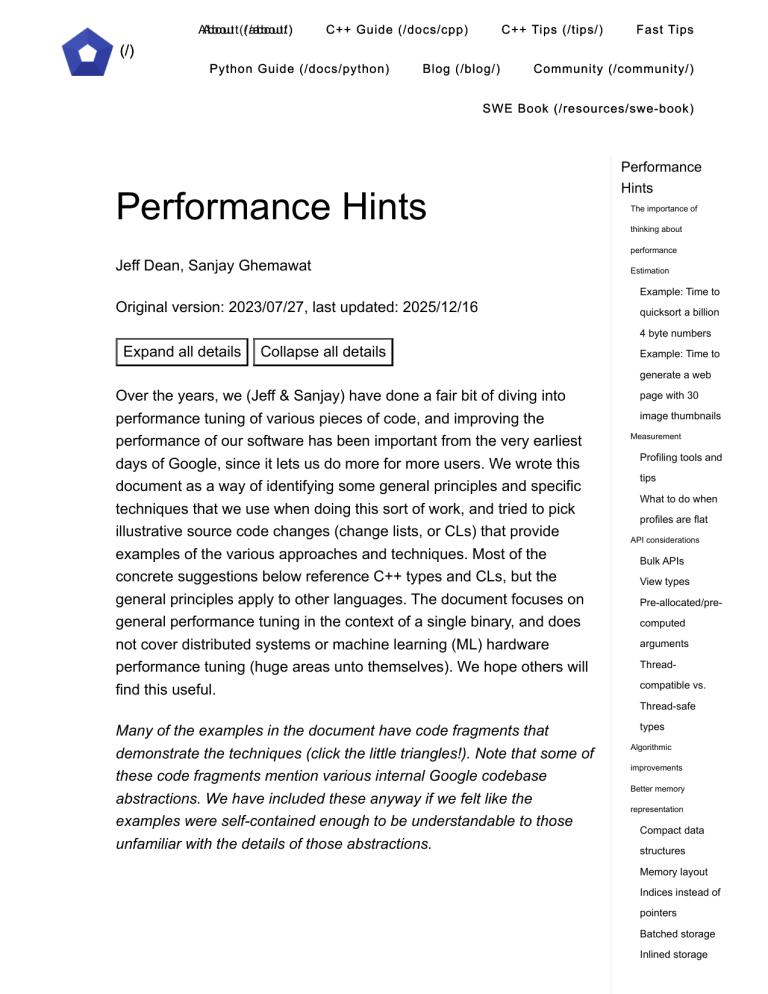 Performance Hints: Software Optimization Guide by Jeff Dean
