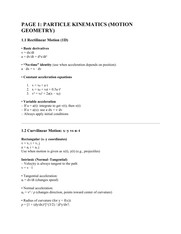 Engineering Dynamics Formulas: Kinematics & Kinetics Cheat Sheet