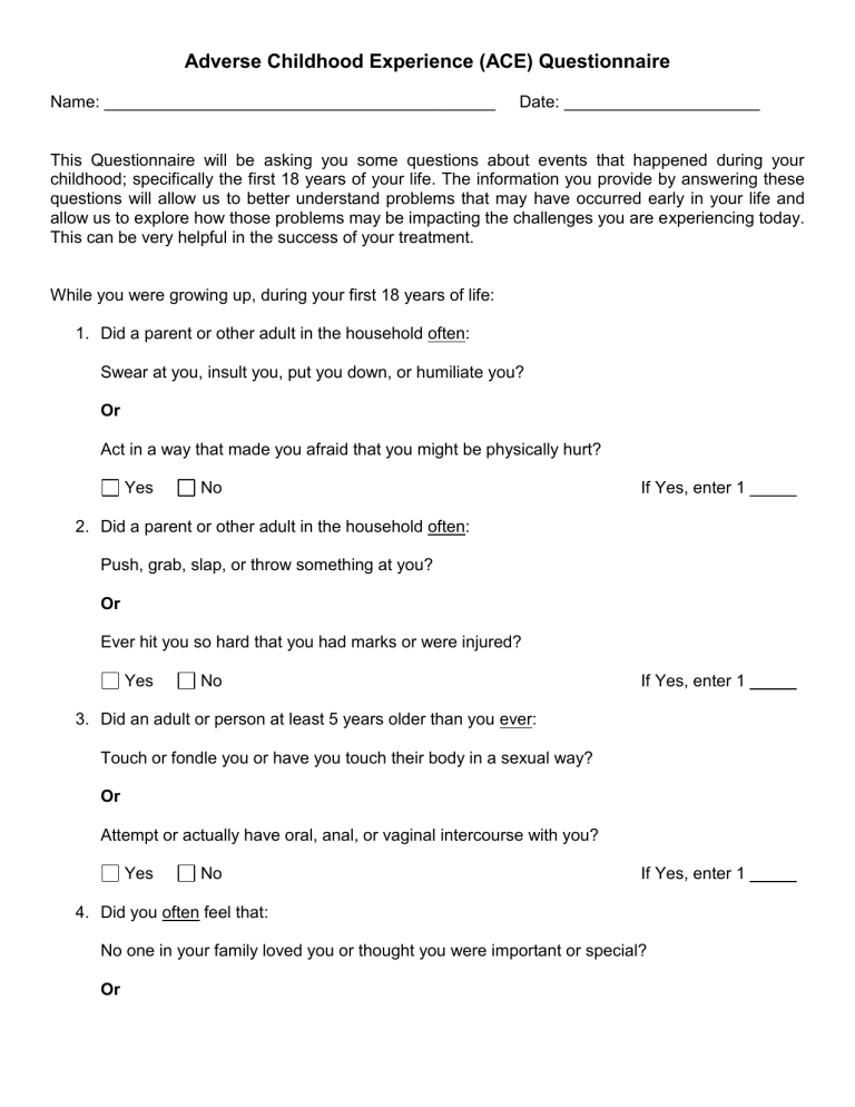 Adverse Childhood Experience (ACE) Questionnaire & Provider Instructions
