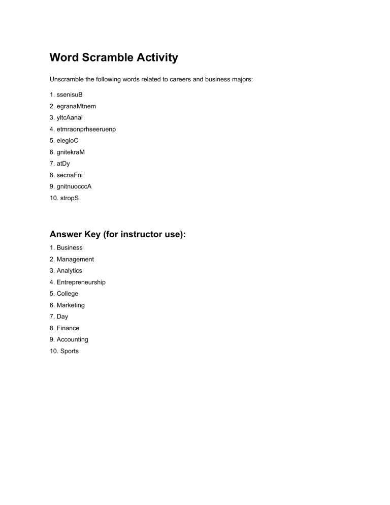 Word Scramble: Careers & Business Majors