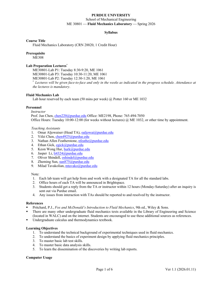 Purdue Fluid Mechanics Lab Syllabus Spring 2026